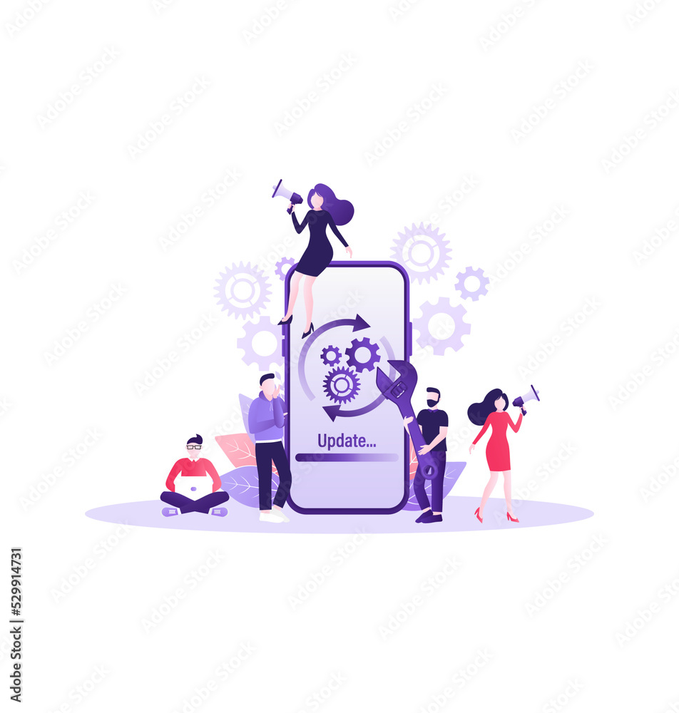 Cartoon software update people for mobile app design. Isometric vector ...
