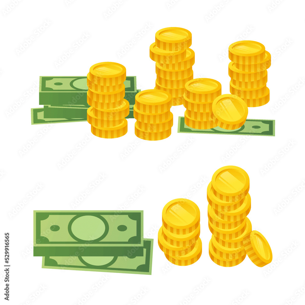 Vector isometric money illustration. Flat cartoon bank notes and gold ...