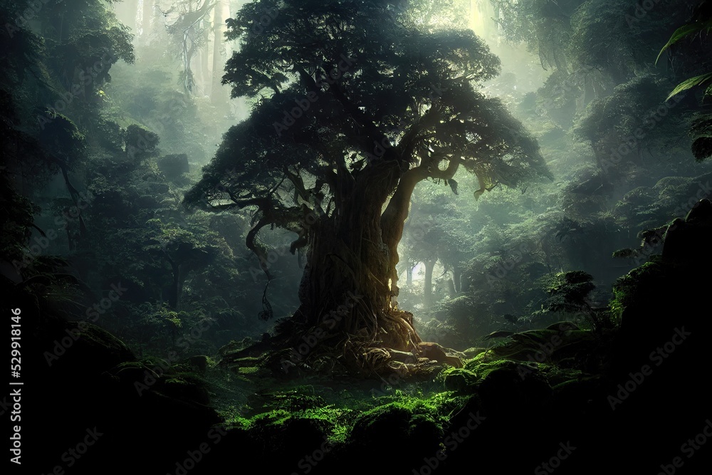 Dark dense forest the sun's rays pass through the trees, shadows. Big ...