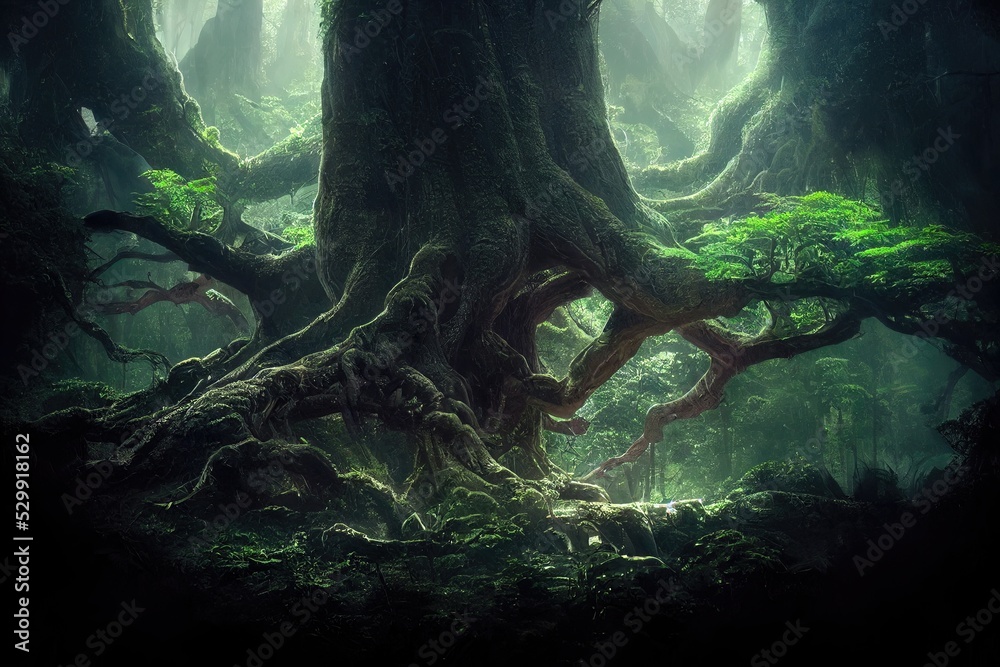 Dark dense forest the sun's rays pass through the trees, shadows. Big ...