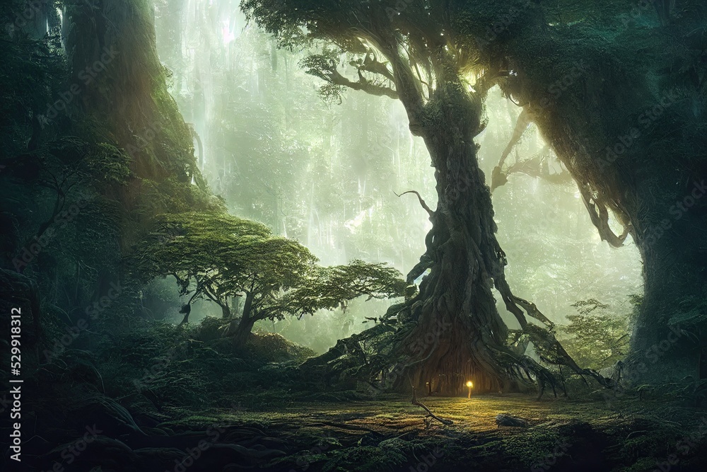 Dark dense forest the sun's rays pass through the trees, shadows. Big ...