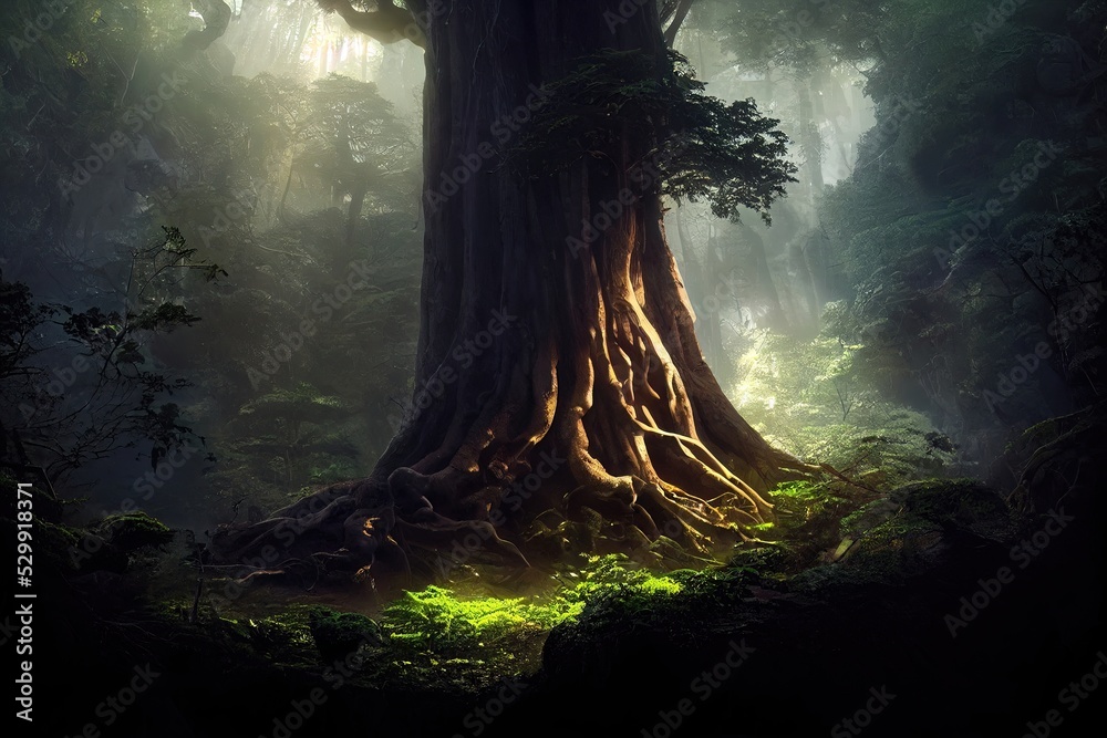 Dark dense forest the sun's rays pass through the trees, shadows. Big ...