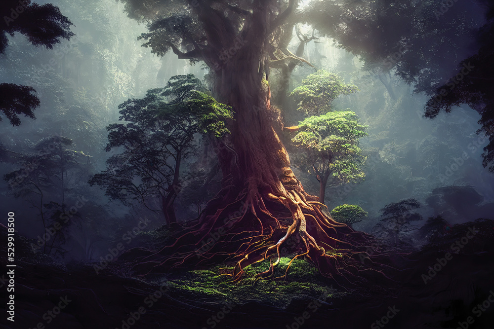 Dark dense forest the sun's rays pass through the trees, shadows. Big ...