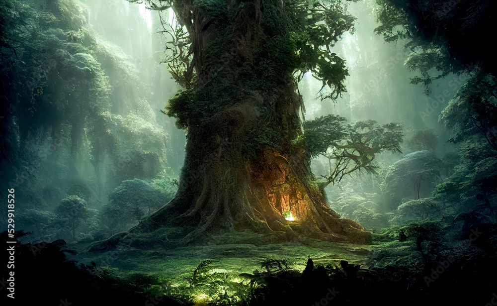 Dark dense forest the sun's rays pass through the trees, shadows. Big ...