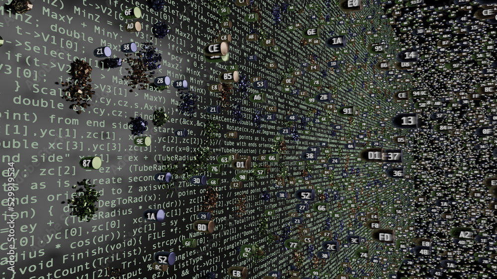 A wall of computer source code is pelted with bullet shaped objects ...