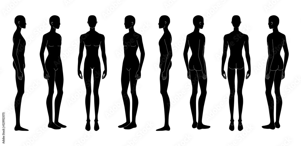 Set of XXS size silhouette Men Fashion template 9 head size Croquis ...
