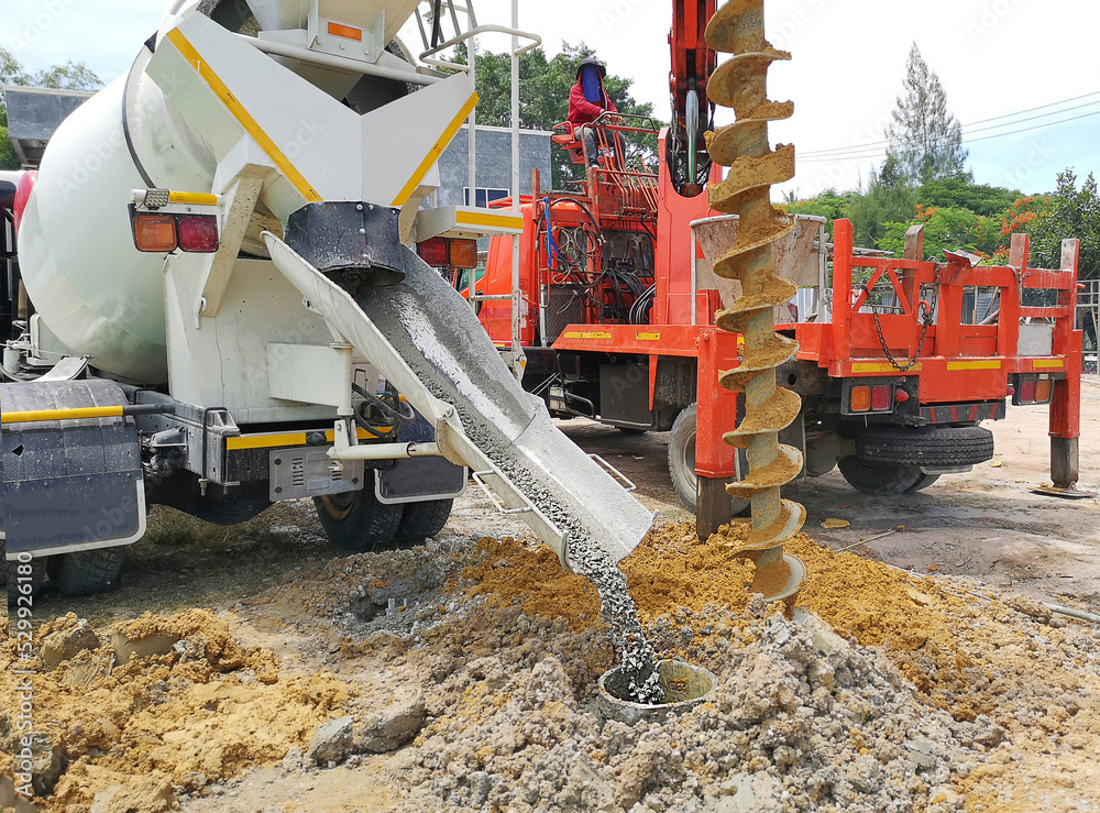 Drilling rigs for the construction of building foundations. construction work. Drilling pile ...