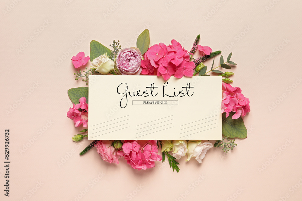 Beautiful flowers and guest list on beige background, flat lay Stock ...