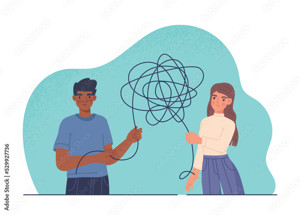 Couple unravel tangle. Man and woman talk about unspoken grievances and ...