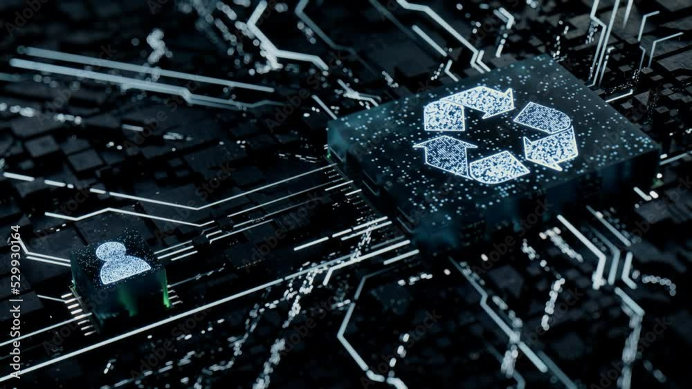Eco Technology Concept with recycle symbol on a Microchip. White Neon ...