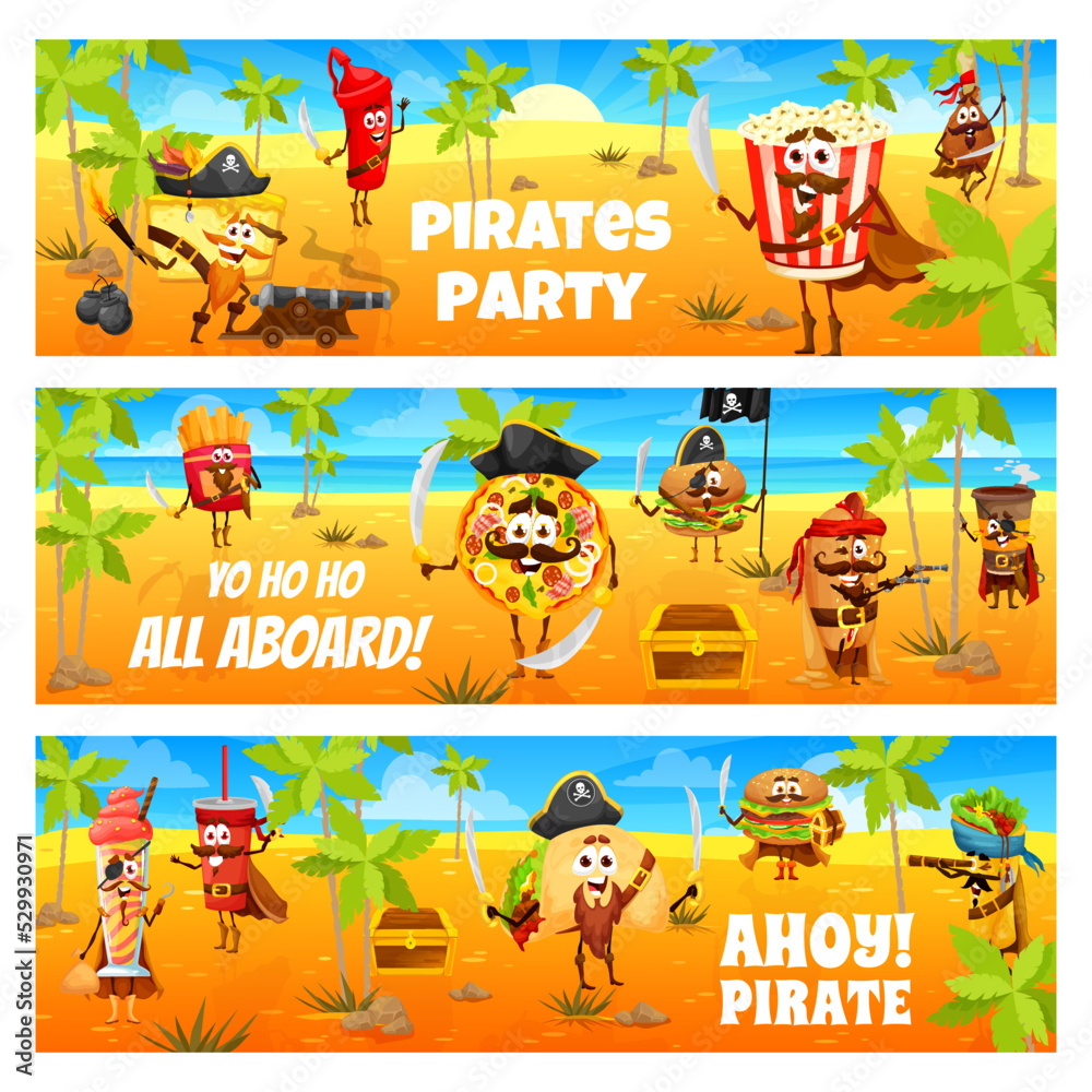 Cartoon pirates fastfood characters on treasure island, vector kids ...