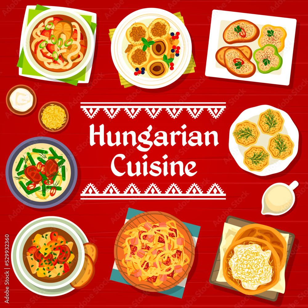 Hungarian cuisine menu cover. Pork ribs stew with green beans, egg pate ...