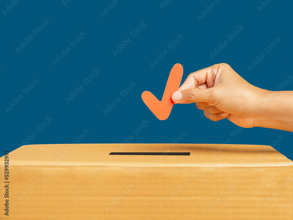 Hand holding a red check mark symbol overhead the voting box at place ...