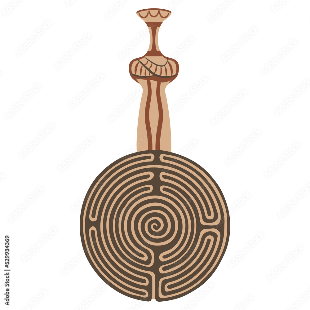 Vetor de Mycenaean goddess on top of a round spiral maze or labyrinth ...