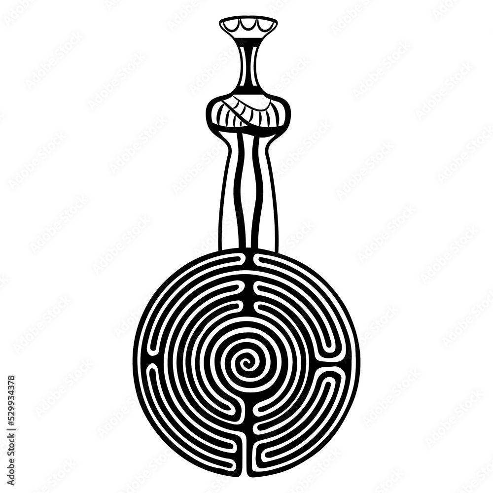 Mycenaean goddess on top of a round spiral maze or labyrinth symbol ...