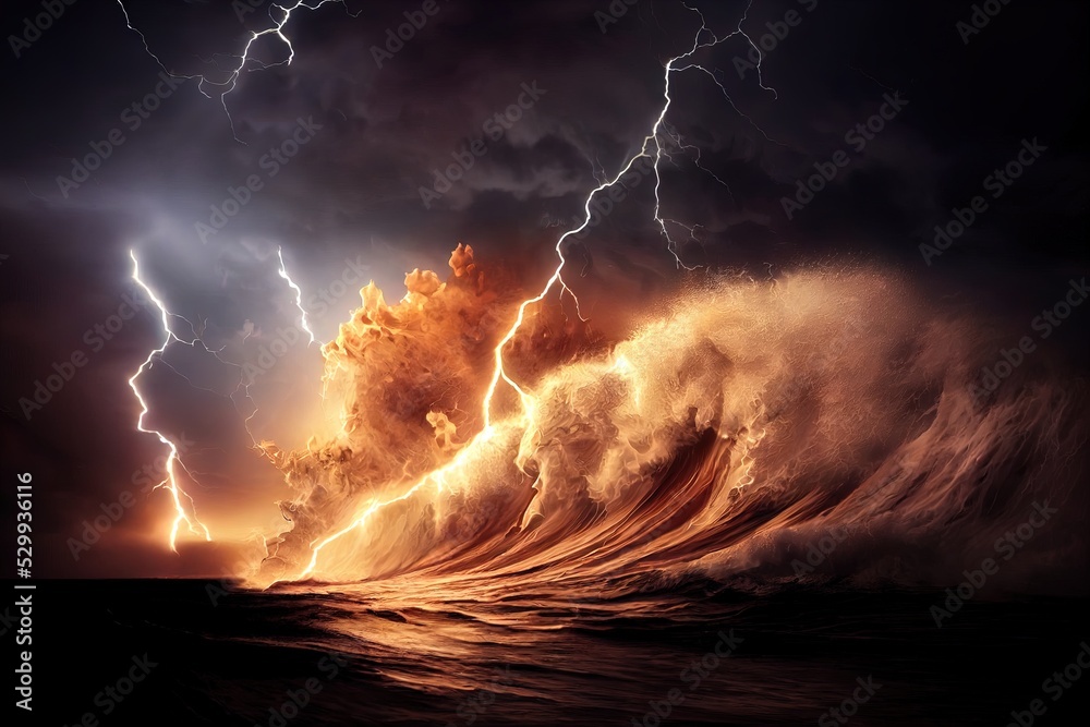 Bright lightning in a raging sea. A strong storm in the ocean. Big ...
