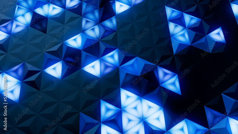 Illuminated, Blue Abstract Surface with Triangular Pyramids. Futuristic ...