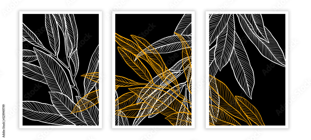 Wall art: hand drawn line-art leaves in vintage engraving style ...