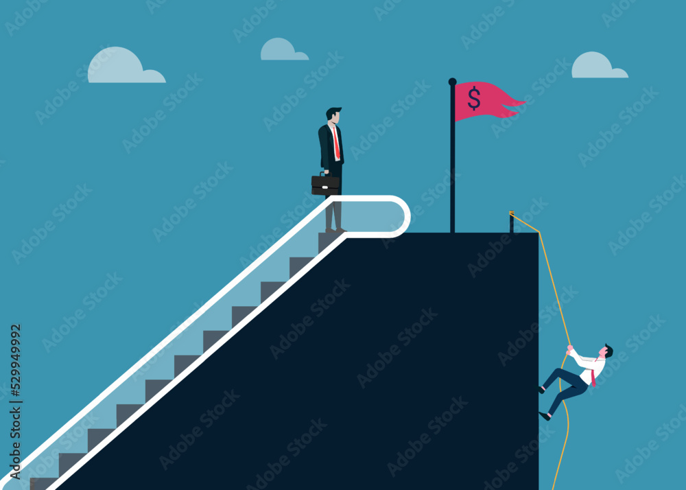 Smart work vs hard work concept. businessman climbs with elevator when ...