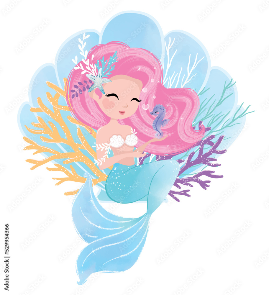 Little cute mermaid with seahorse and corals. Book illustration ...