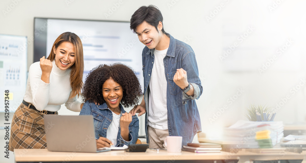 Group of Happy successful multiracial business team giving a high fives ...