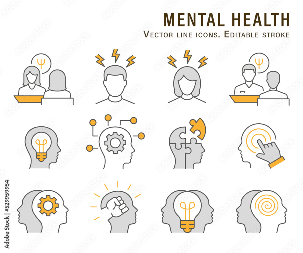 Psychology flat icon set. Collection of mind, brain, emotion, mental ...