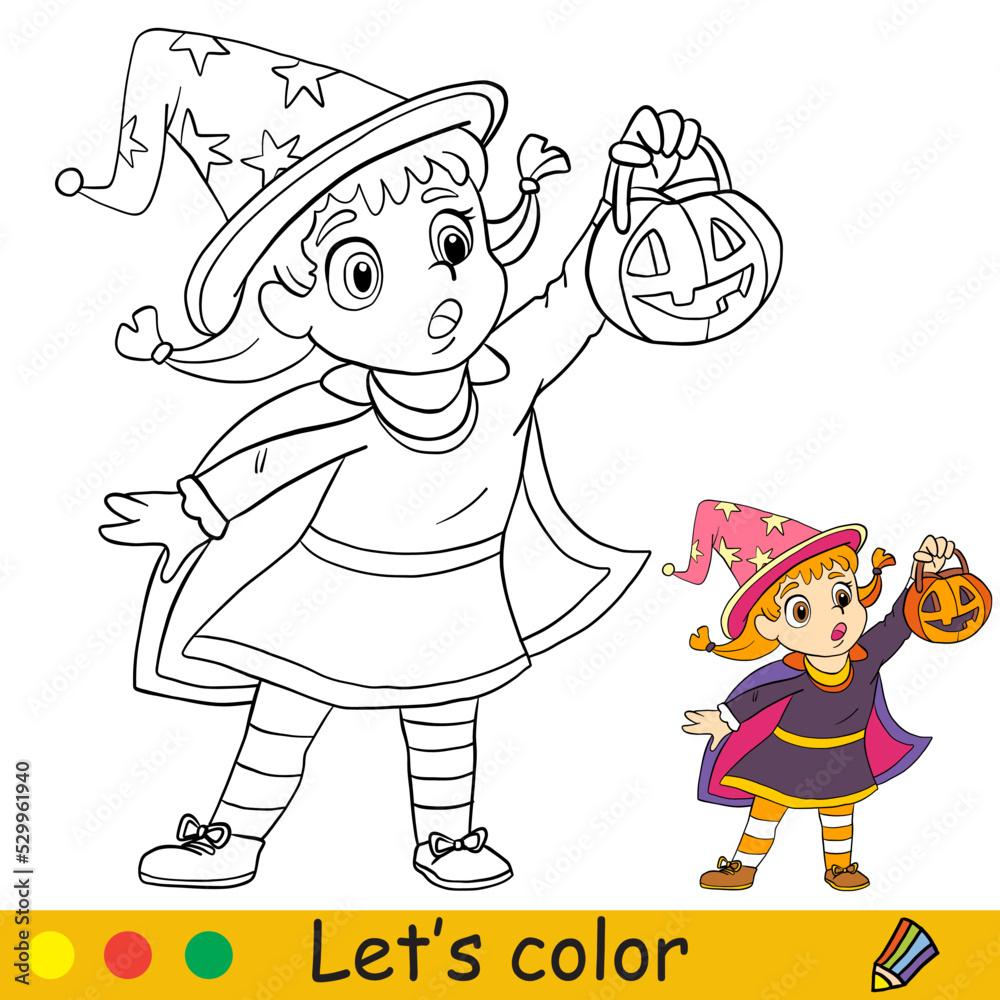 Kids coloring with template a Halloween girl in a witch costume Stock ...