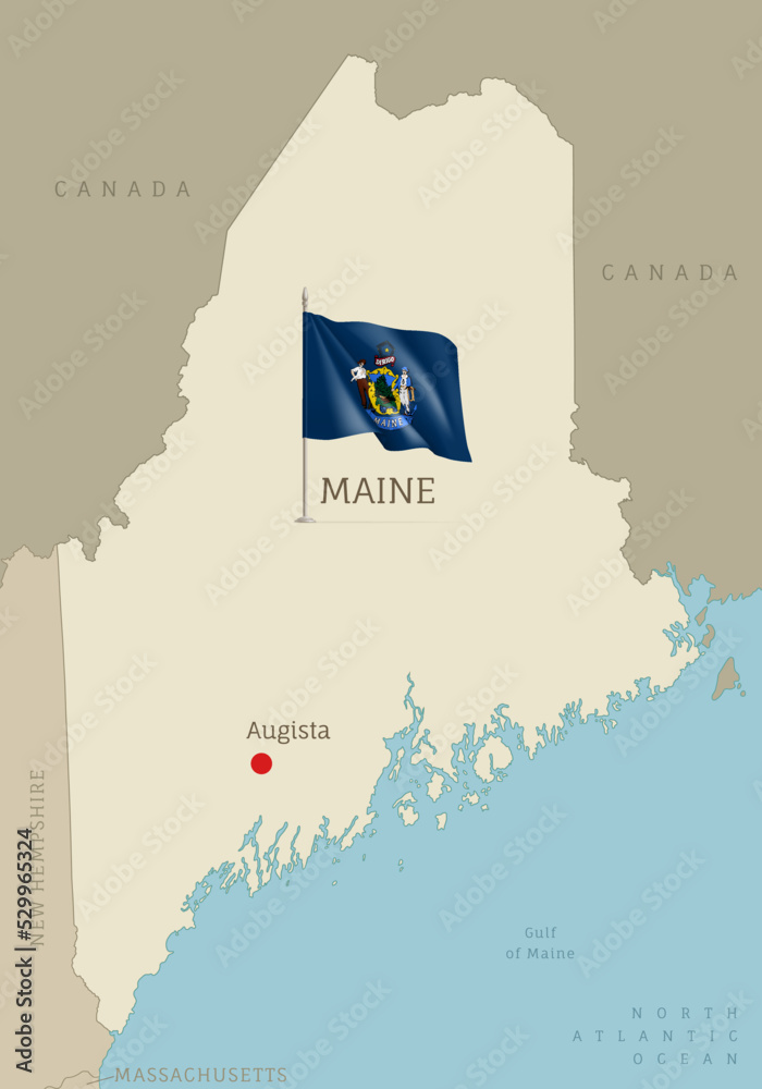 Map of Maine USA federal state with waving flag. Highly detailed ...