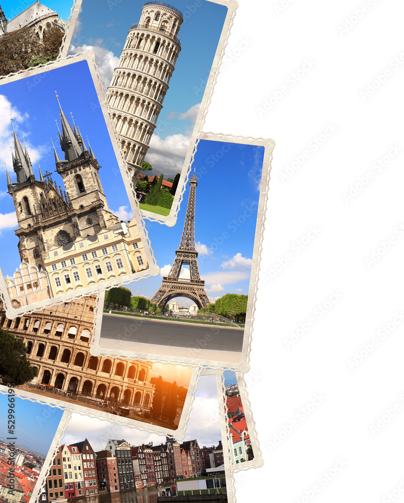 Vintage photos of european landmarks. Eiffel tower in Paris, Leaning ...