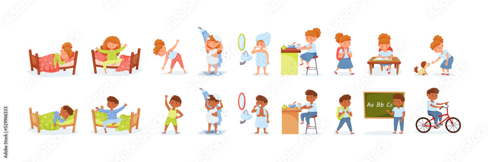 Kids daily routine. Girl and boy having different activities. Children ...