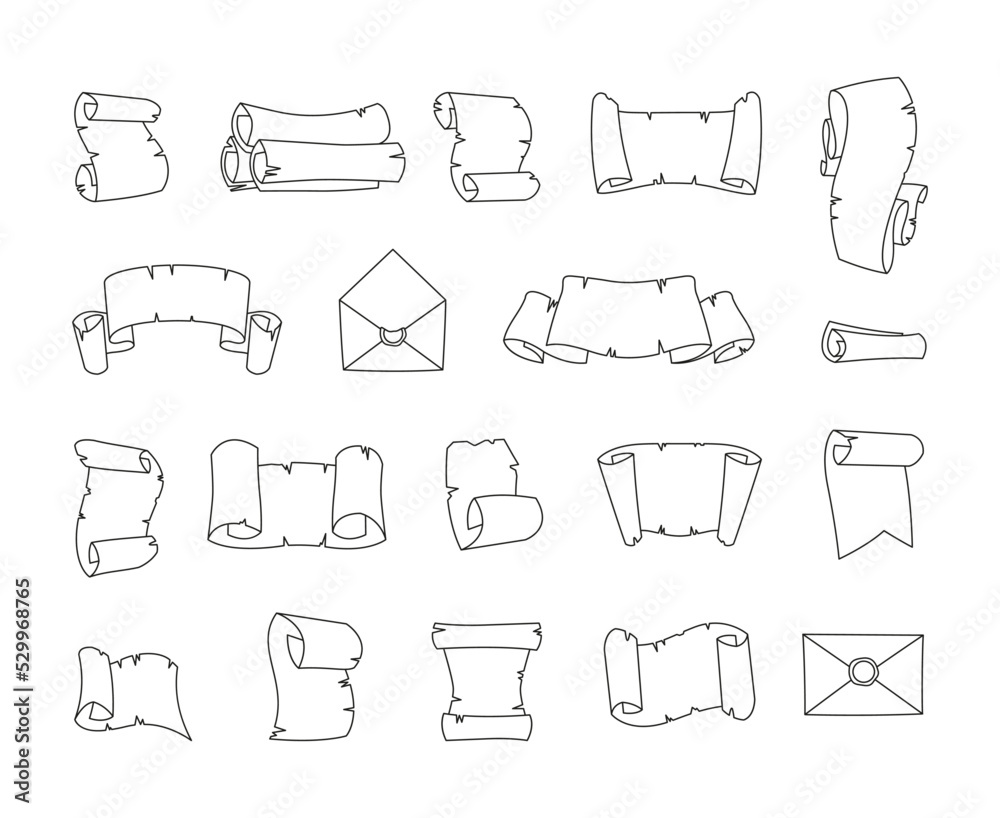 Outline parchment. Ancient papyrus scroll sketch collection, vintage ...