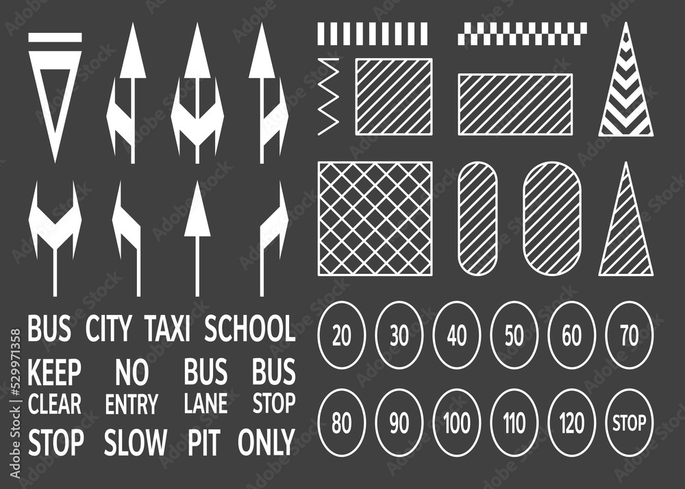 Asphalt signs. Road map toolkit top view, crosswalk traffic speedway ...