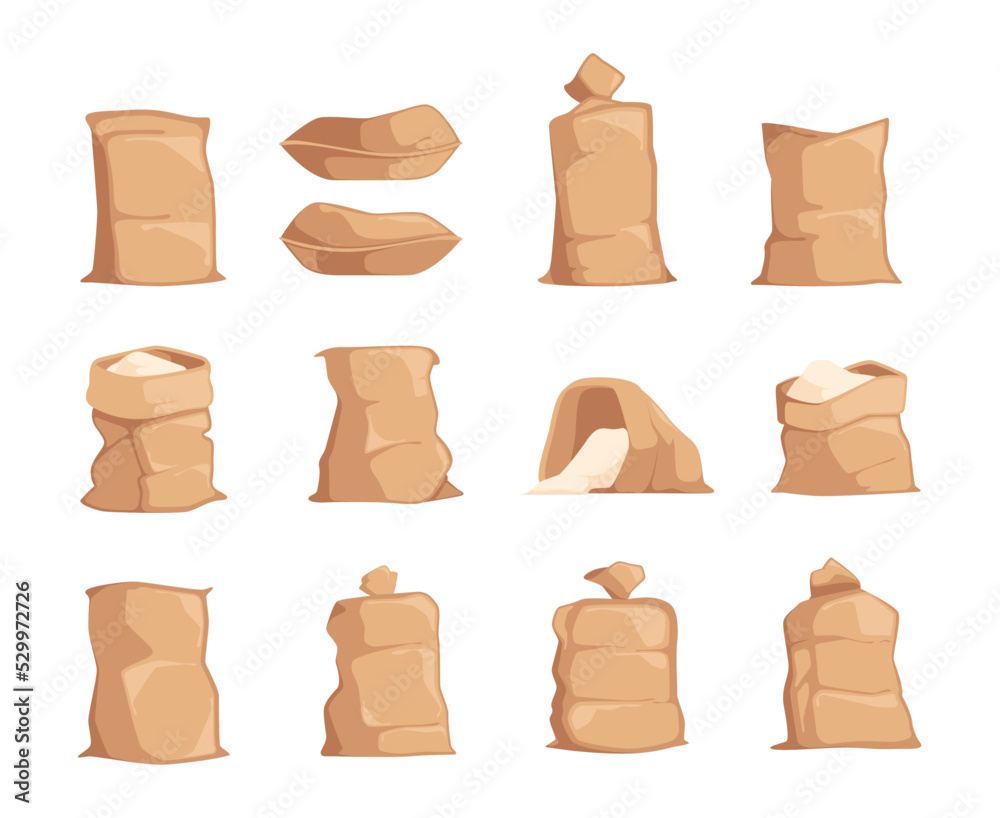 Cartoon sack bag. Burlap sackful of agriculture farm seeds rice grain ...