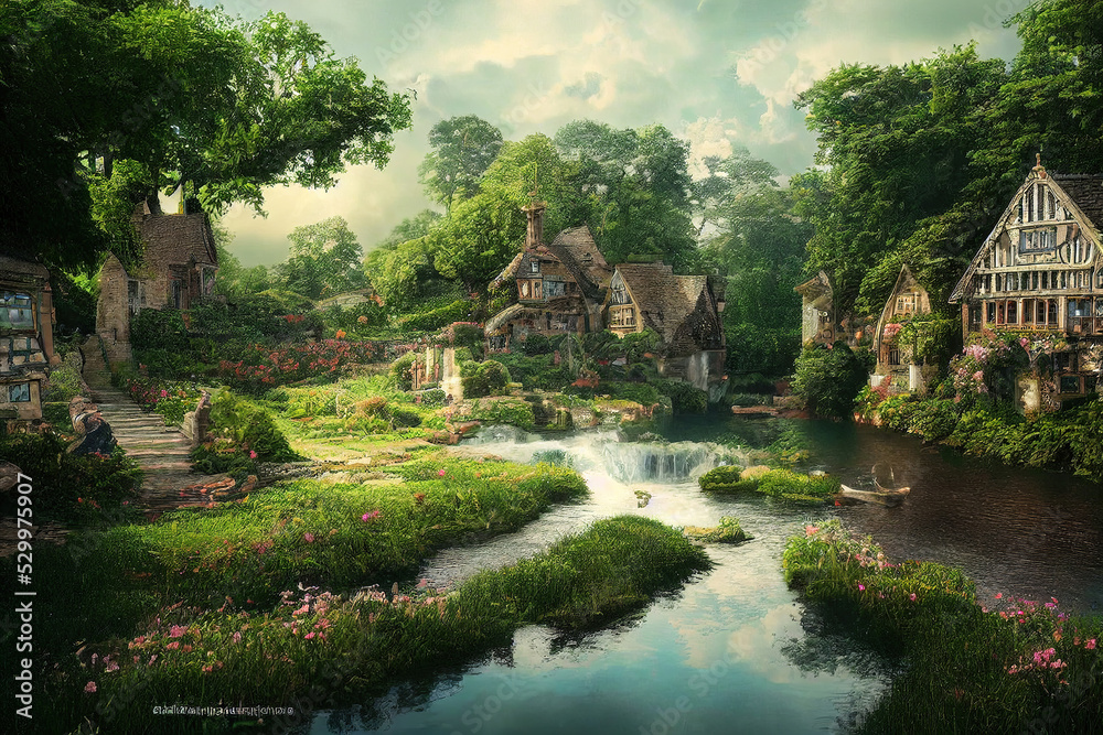 beautiful old fantasy town with river at sunset, digital illustration ...