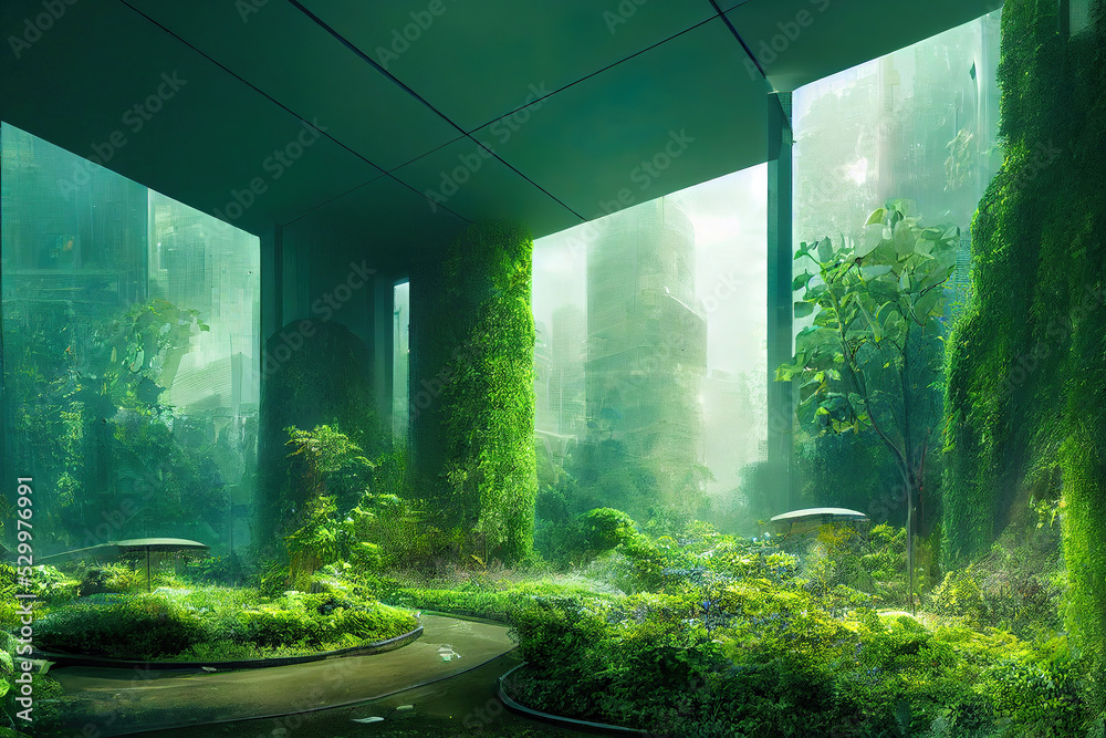 beautiful green nature garden environment in a futuristic city, digital ...