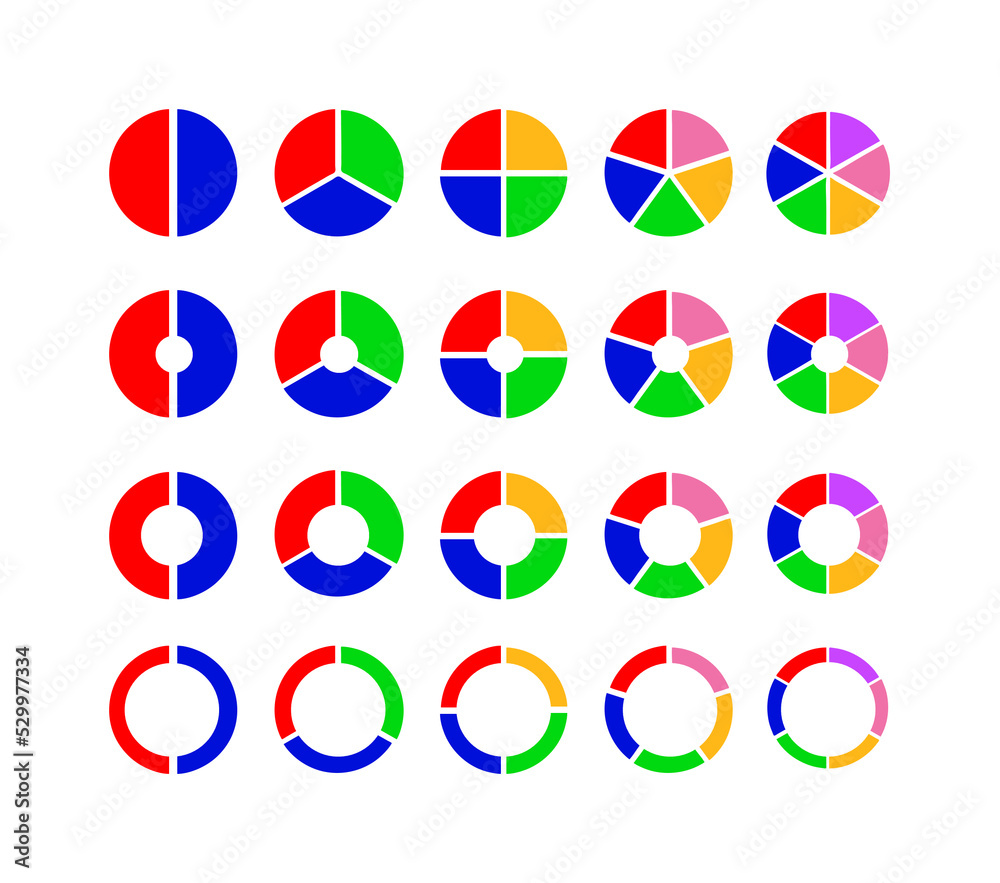Pie chart set of 20 colourful flat circular diagrams, consisting of 2 ...