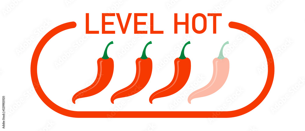 Hot red pepper strength scale indicator with mild, medium, hot and hell ...