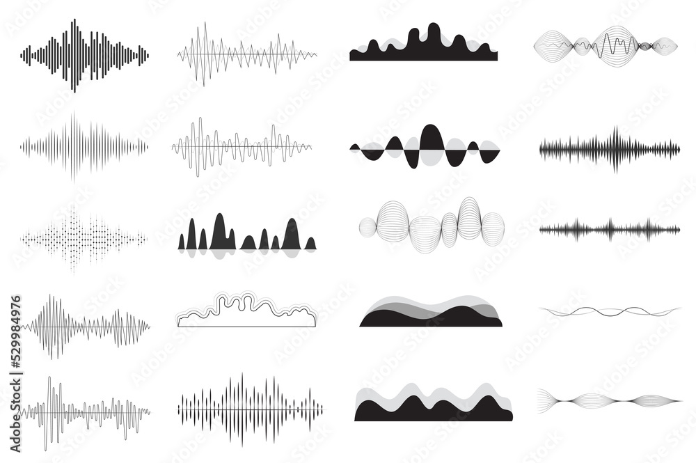 Sound waves in different shapes set isolated elements. Bundle of ...