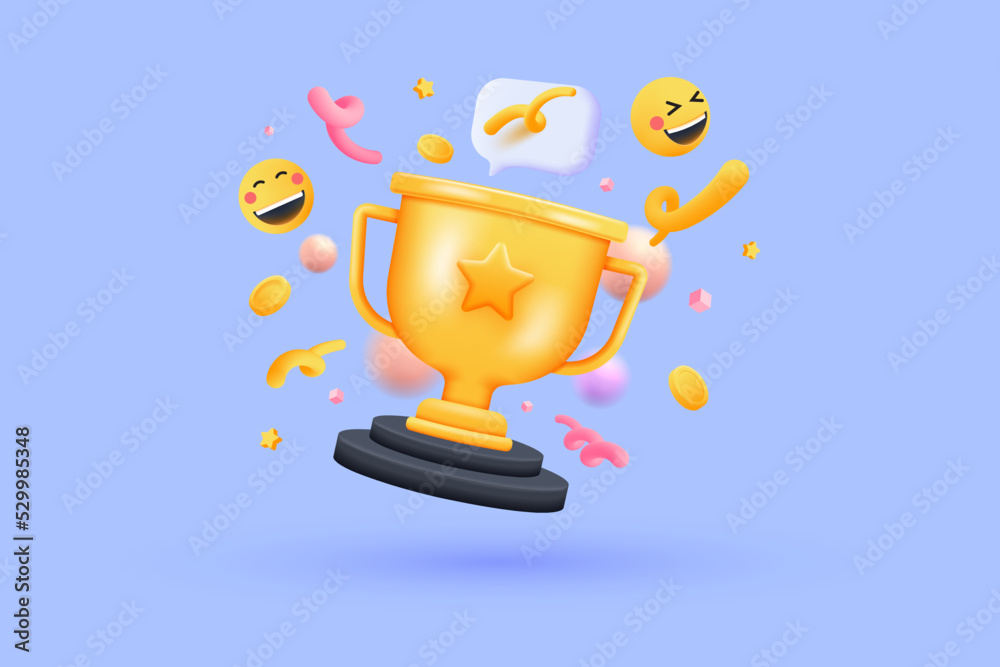 3D Trophy cup with floating chat box, emoji, ribbon and geometric ...