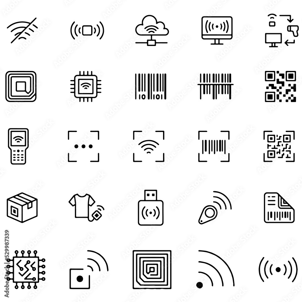 RFID, qr code, barcode line icon set. Price tag scanner label reader ...