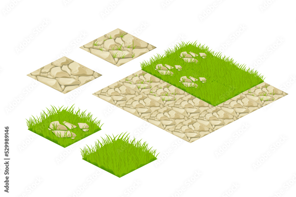 Set isometric tile lawn map elements grass, stones in cartoon style ...