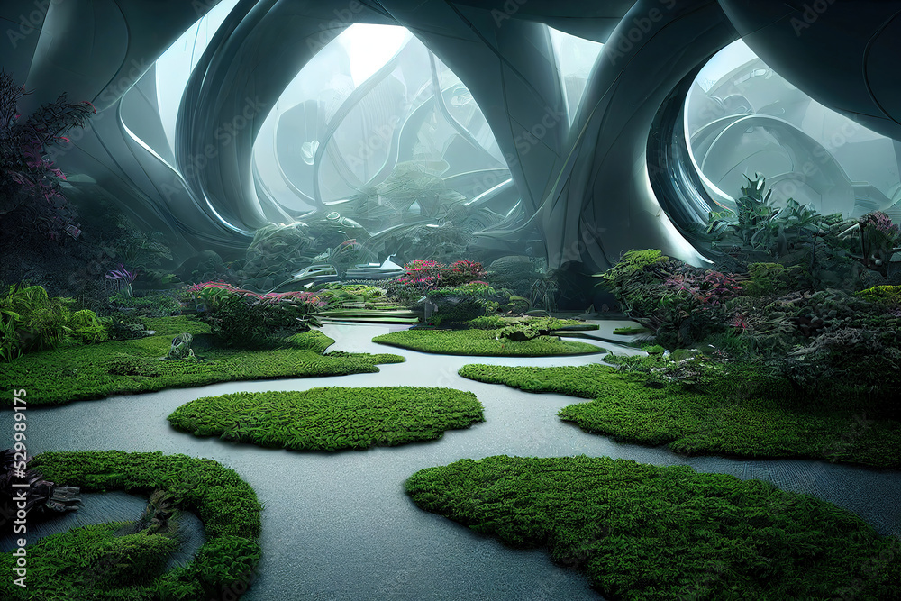 futuristic modern white buildings in a rich green nature environment ...