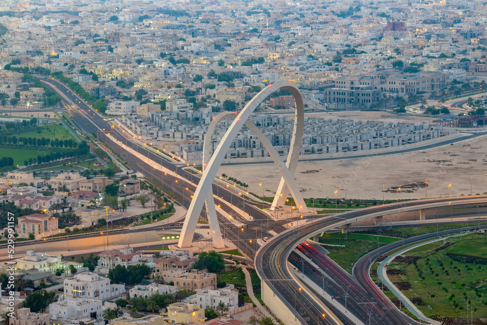 Aerial view of Al Wahda Bridge The Tallest Monument of Doha City. known ...