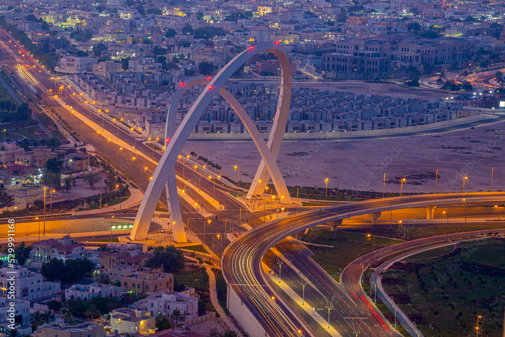 Aerial view of Al Wahda Bridge The Tallest Monument of Doha City. known ...