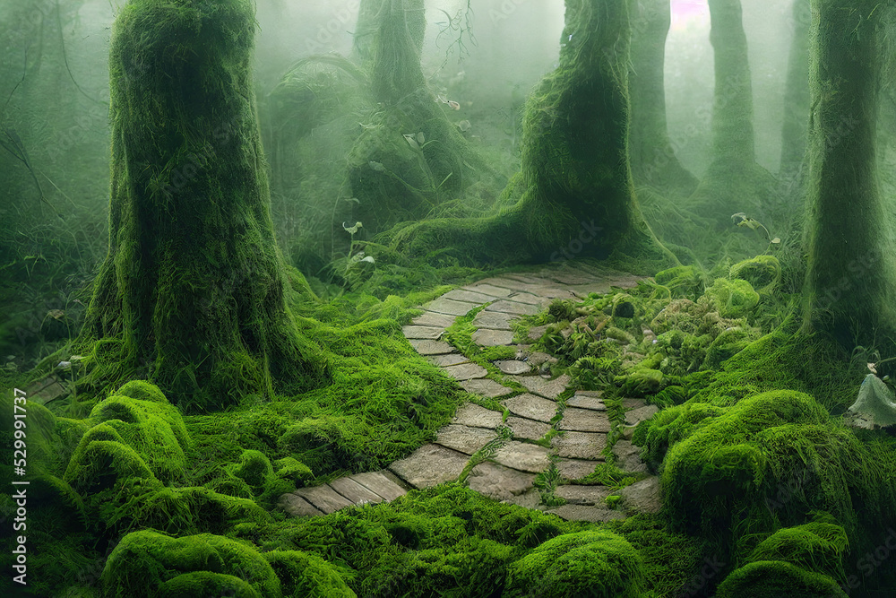 magical mystical fantasy forest, lush green foliage, digital ...