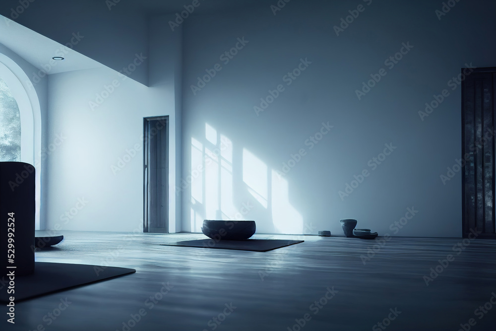 zen meditation environment, calm room with big windows, digital ...