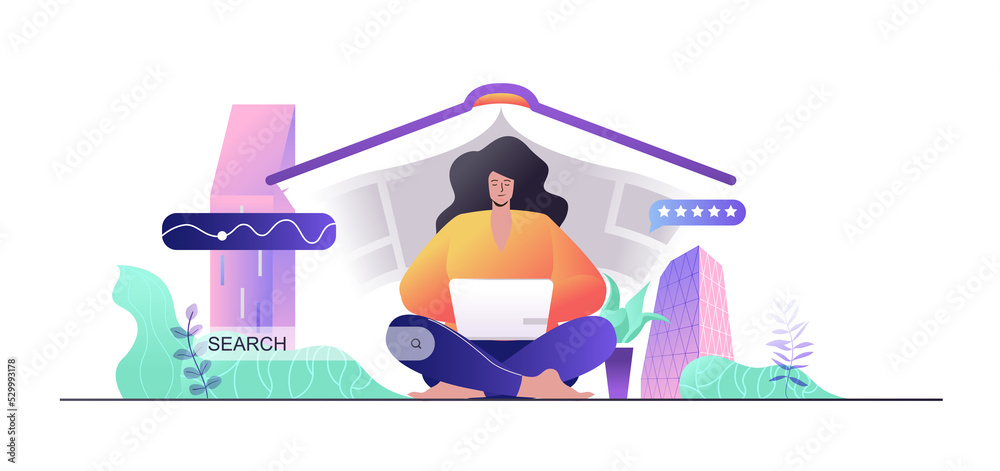 Distance learning concept for web banner. Woman student studying at ...