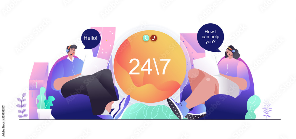 Support center concept for web banner. Man and woman operators receive ...