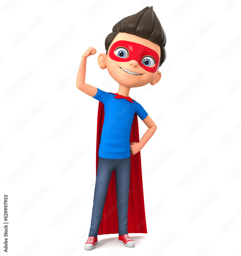 Cartoon character boy in a super hero costume shows his muscles. 3d ...
