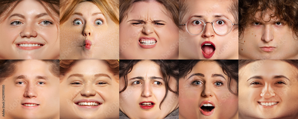 Set of funny portraits of different young people faces expressing ...